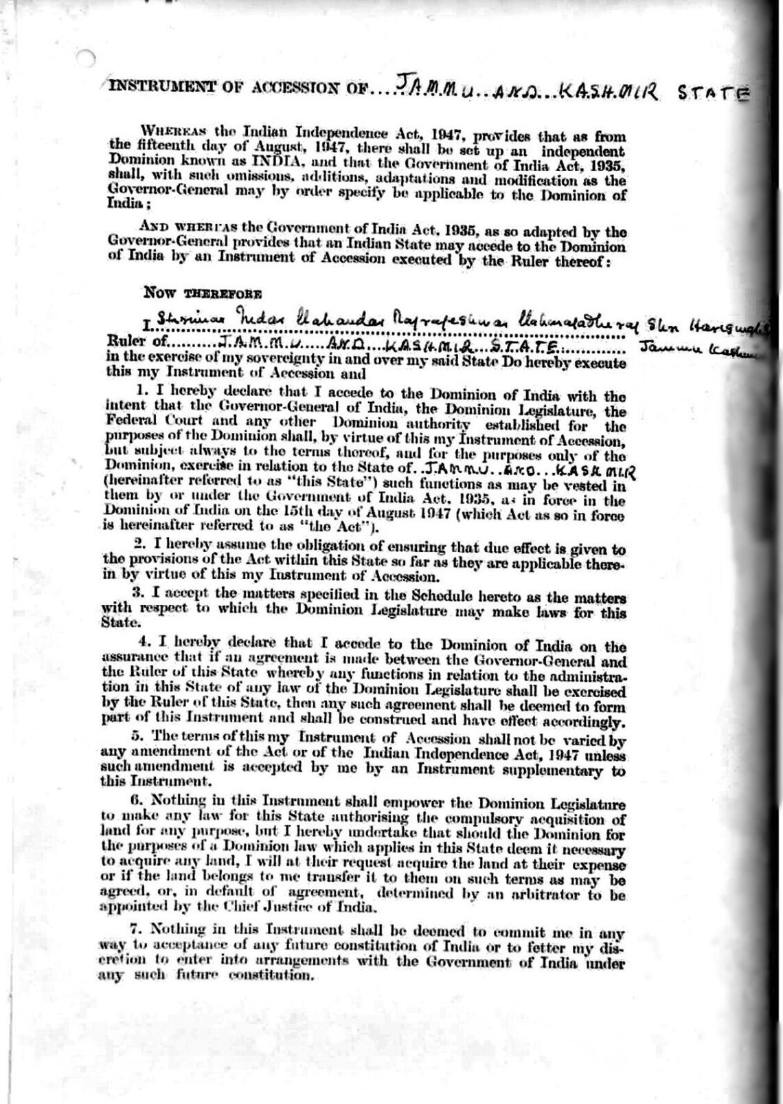 Instrument of Accession, October 27, 1947, signed by Kashmir